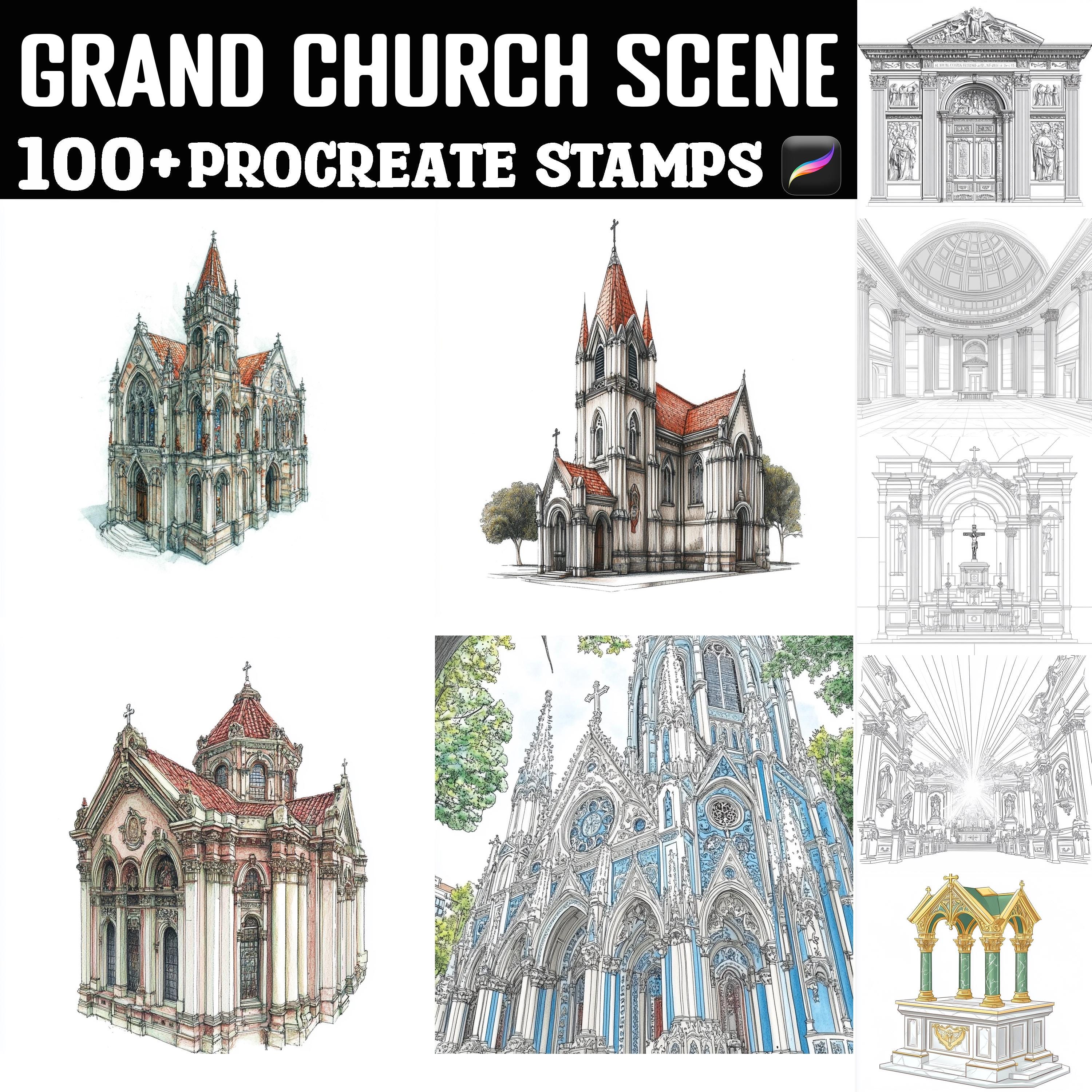 100+ Grand Church Scene Procreate Stamps | Procreate Brushes | Instant ...