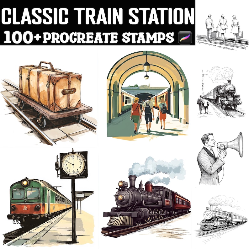 100+ Classic Train Station Procreate Stamps | Procreate Brushes ...