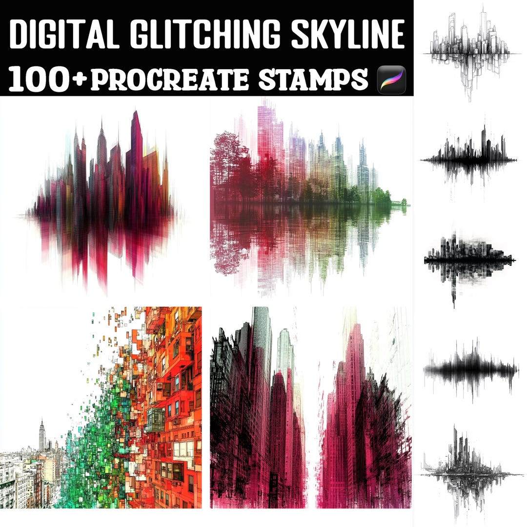 Glitching Skyline Procreate Stamps: Cyberpunk Brush Set (digital ...
