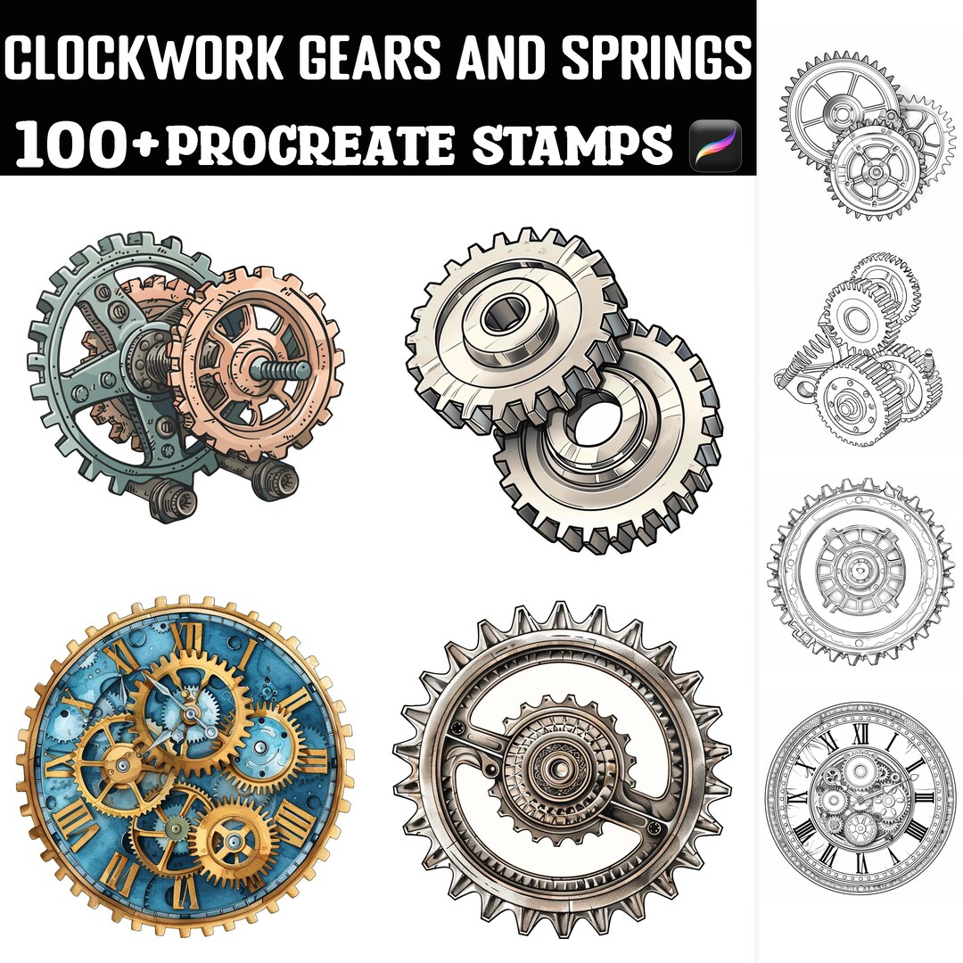 100+ Clockwork Gears and Springs Procreate Stamps | Procreate Brushes ...