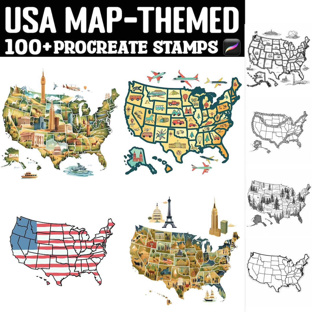 100+ USA Map-themed Procreate Stamps | Procreate Brushes | Instant ...