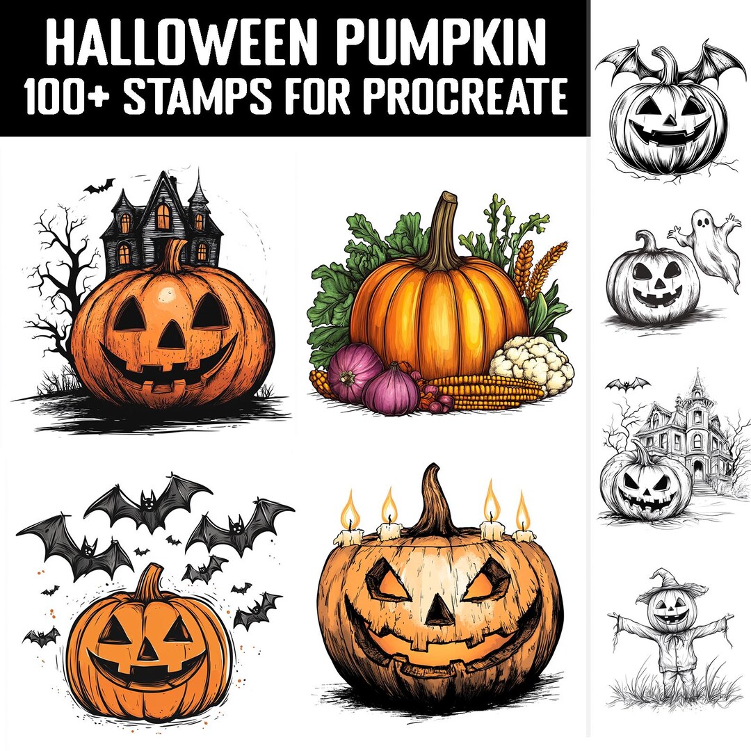 100+ Halloween Themed Pumpkin Procreate Stamp | Procreate Brush Bundle ...