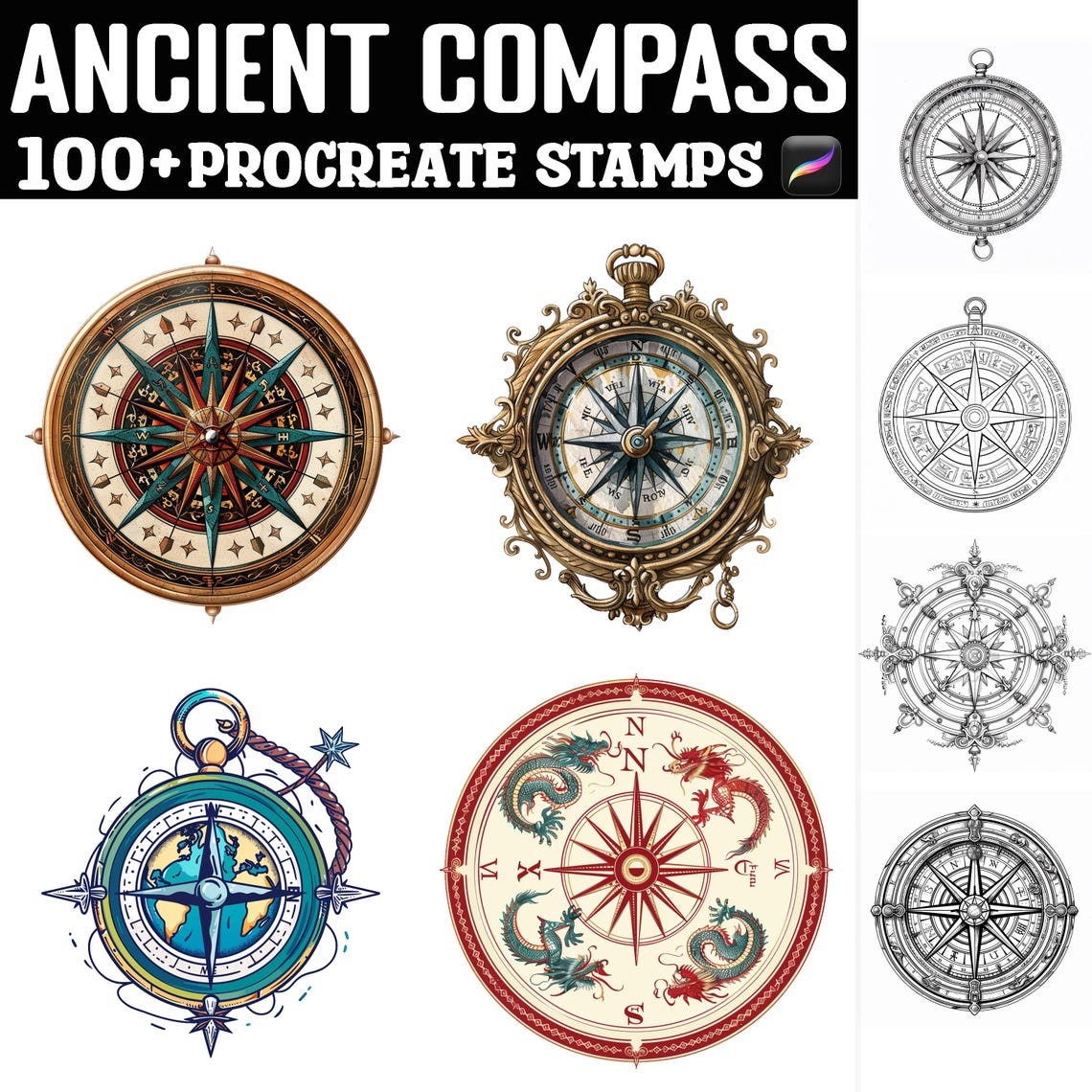 100+ Ancient Compass Procreate Stamps | Procreate Brushes | Instant ...
