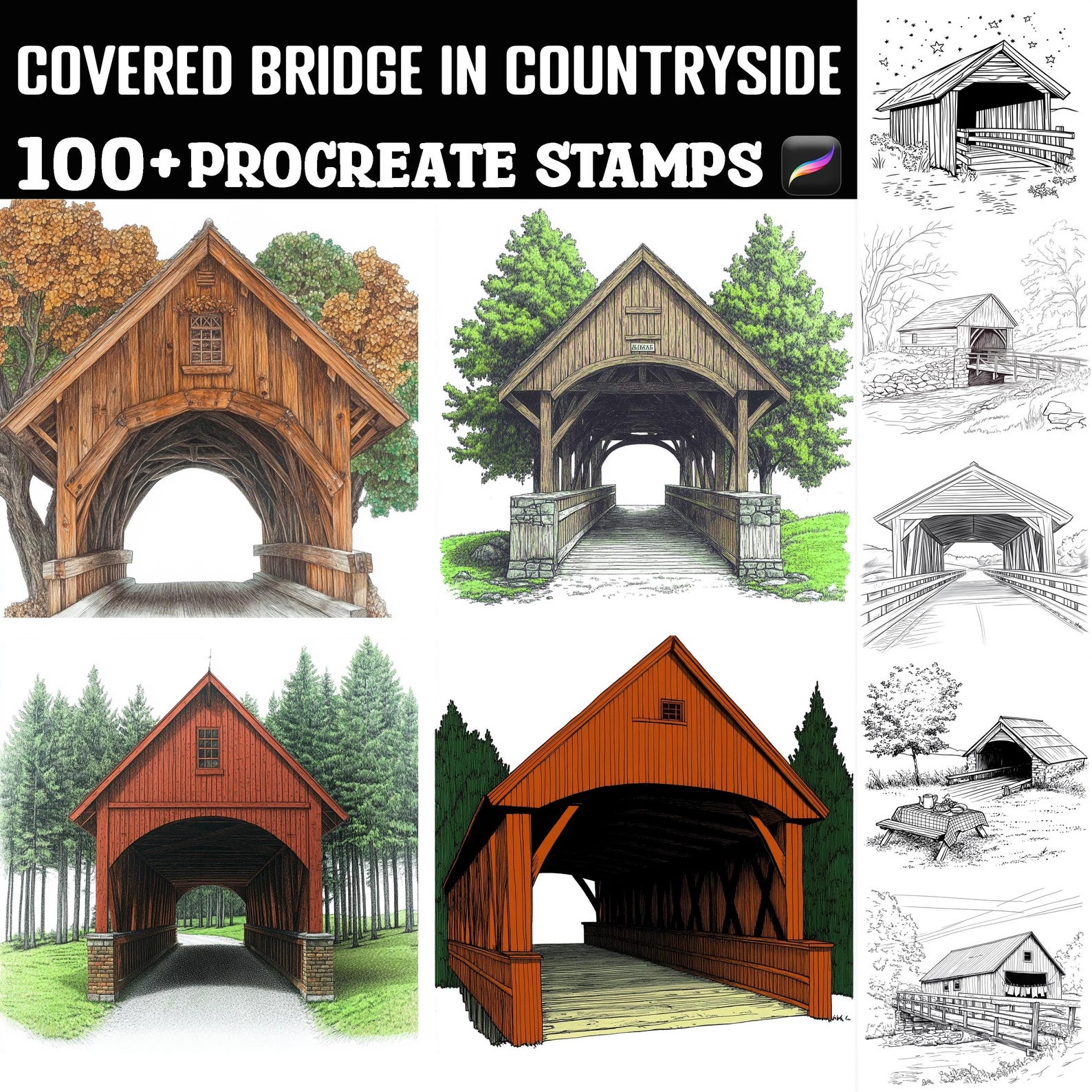 100+ Covered Bridge in Countryside Procreate Stamps | Procreate Brushes ...