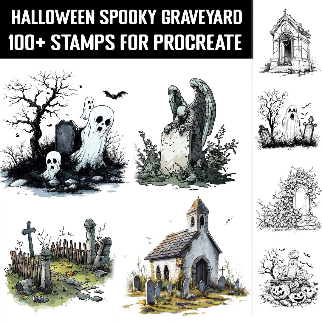 100+ Halloween Themed Spooky Graveyard Procreate Stamp | Procreate Brush Bundle | Instant ...