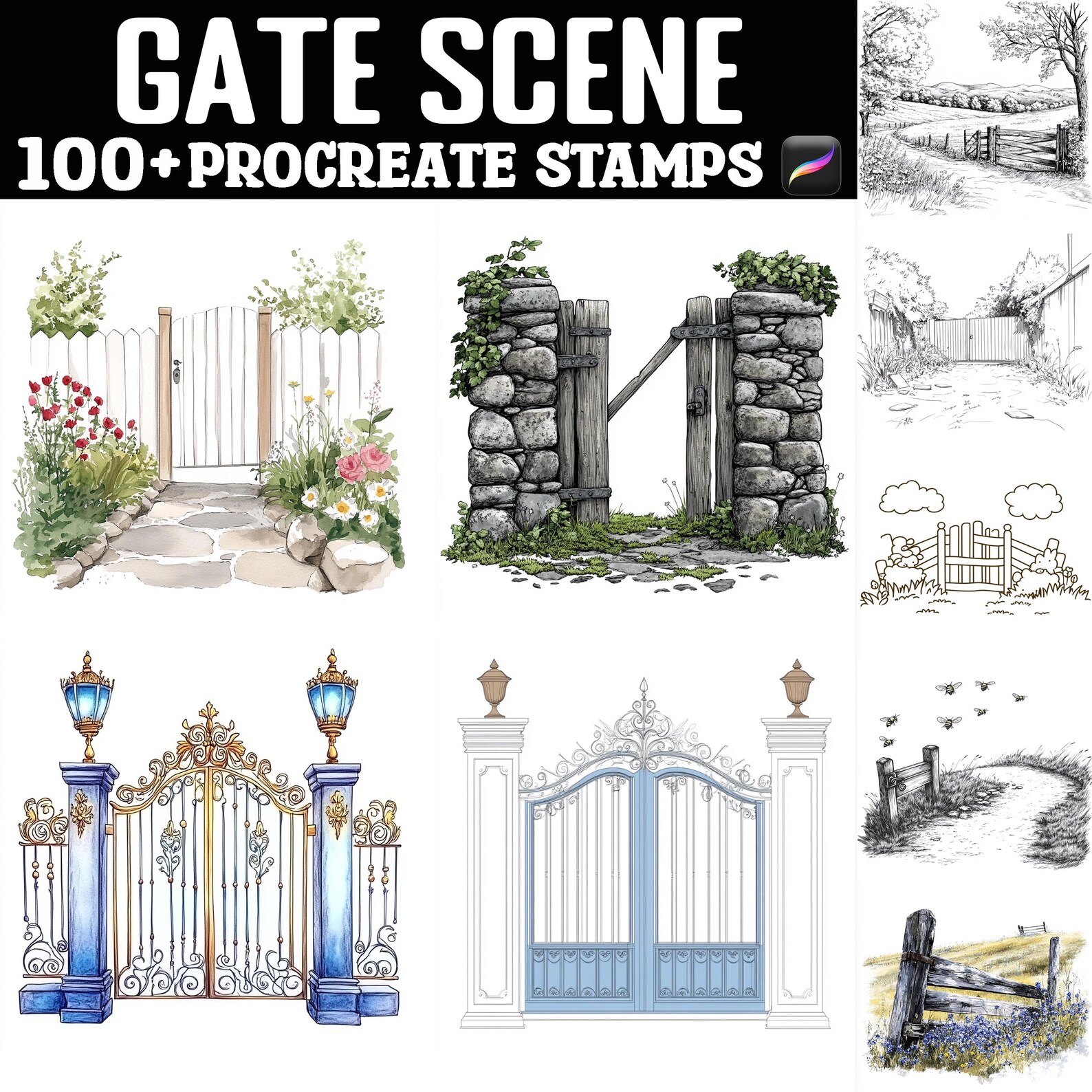 100+ Gate Scene Procreate Stamps | Procreate Brushes | Instant Digital ...
