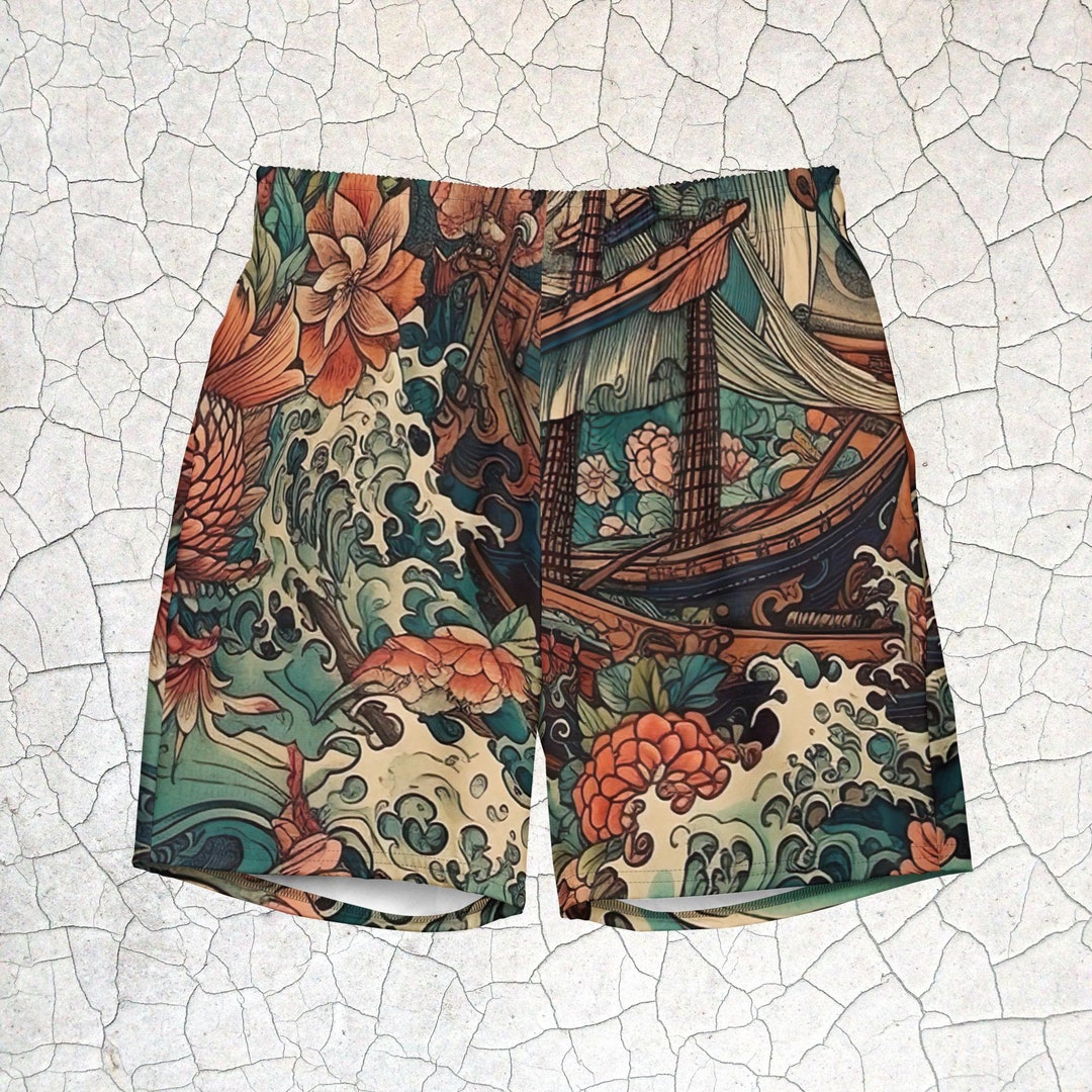 Japanese Tattoo Style Wave and Ship Men's Swim Trunks - Etsy