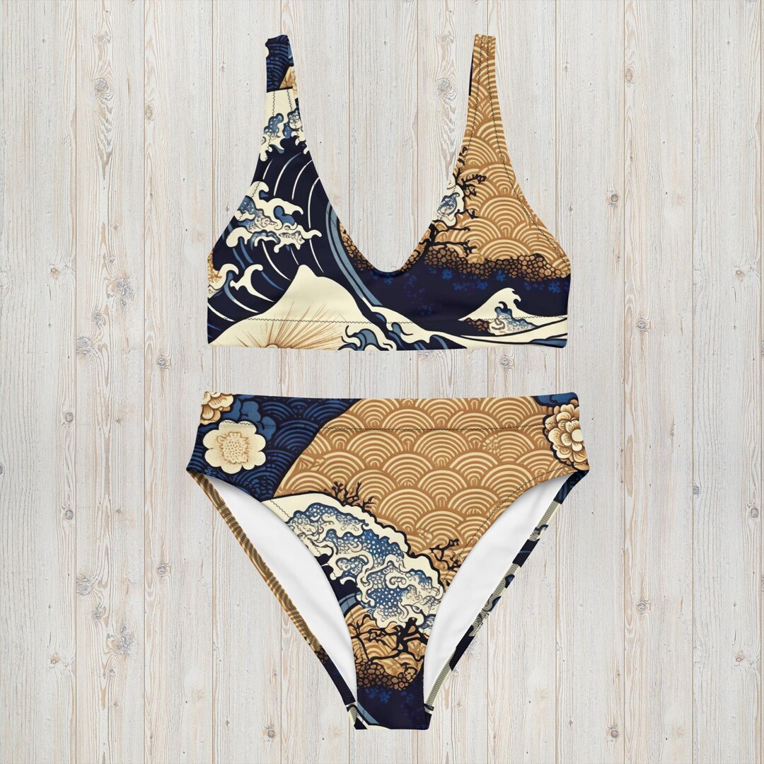 High Waist Blue and Gold Japanese Style Bikini - Etsy