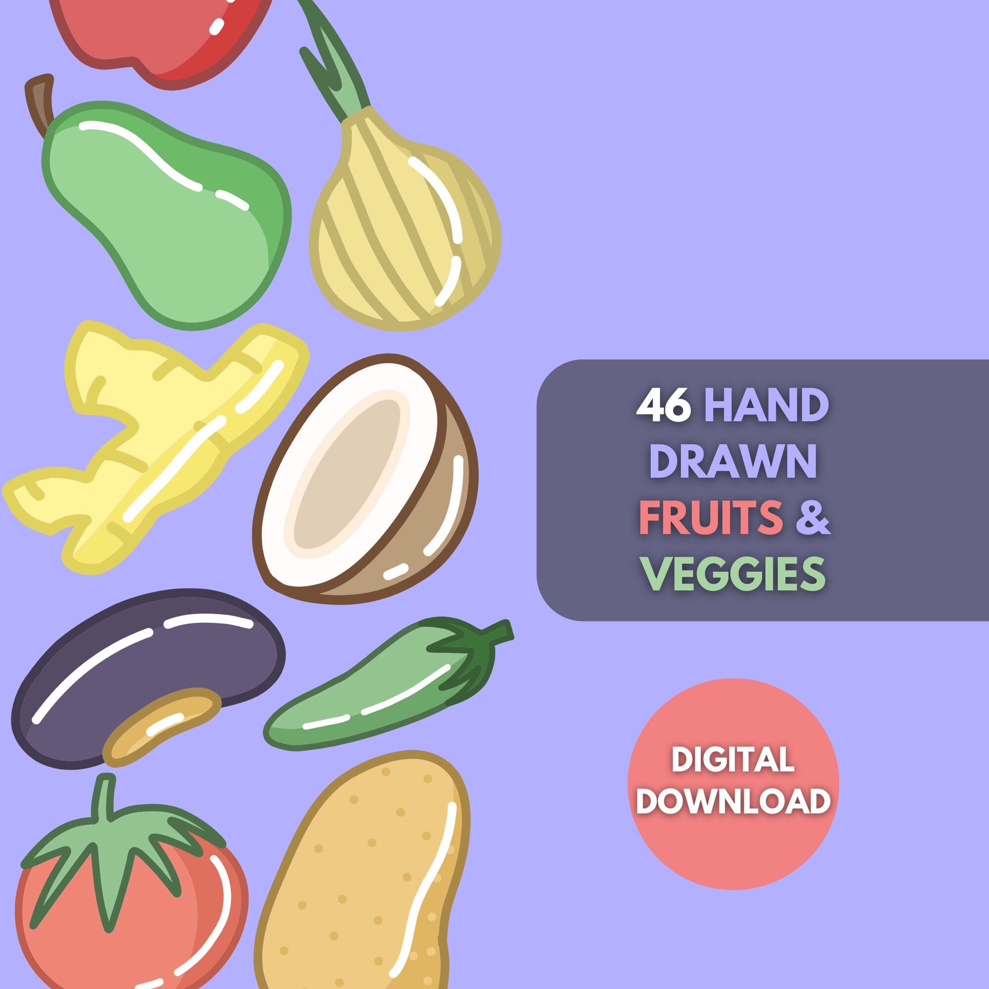 Fruits & Veggies Digital Sticker Pack, PNG Stickers, Fruits/veggies ...
