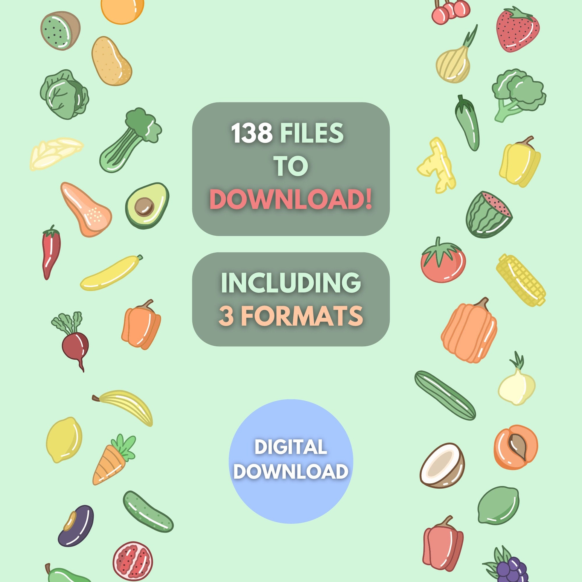 Fruits &amp; Veggies Digital Sticker Pack, PNG Stickers, Fruits/veggies ...