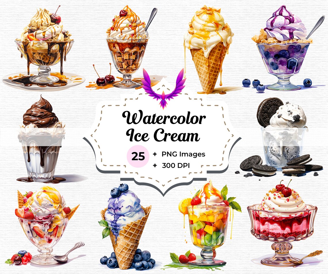 25 Ice Cream Watercolor Clipart PNG Images of Flavored Tasty Desserts ...