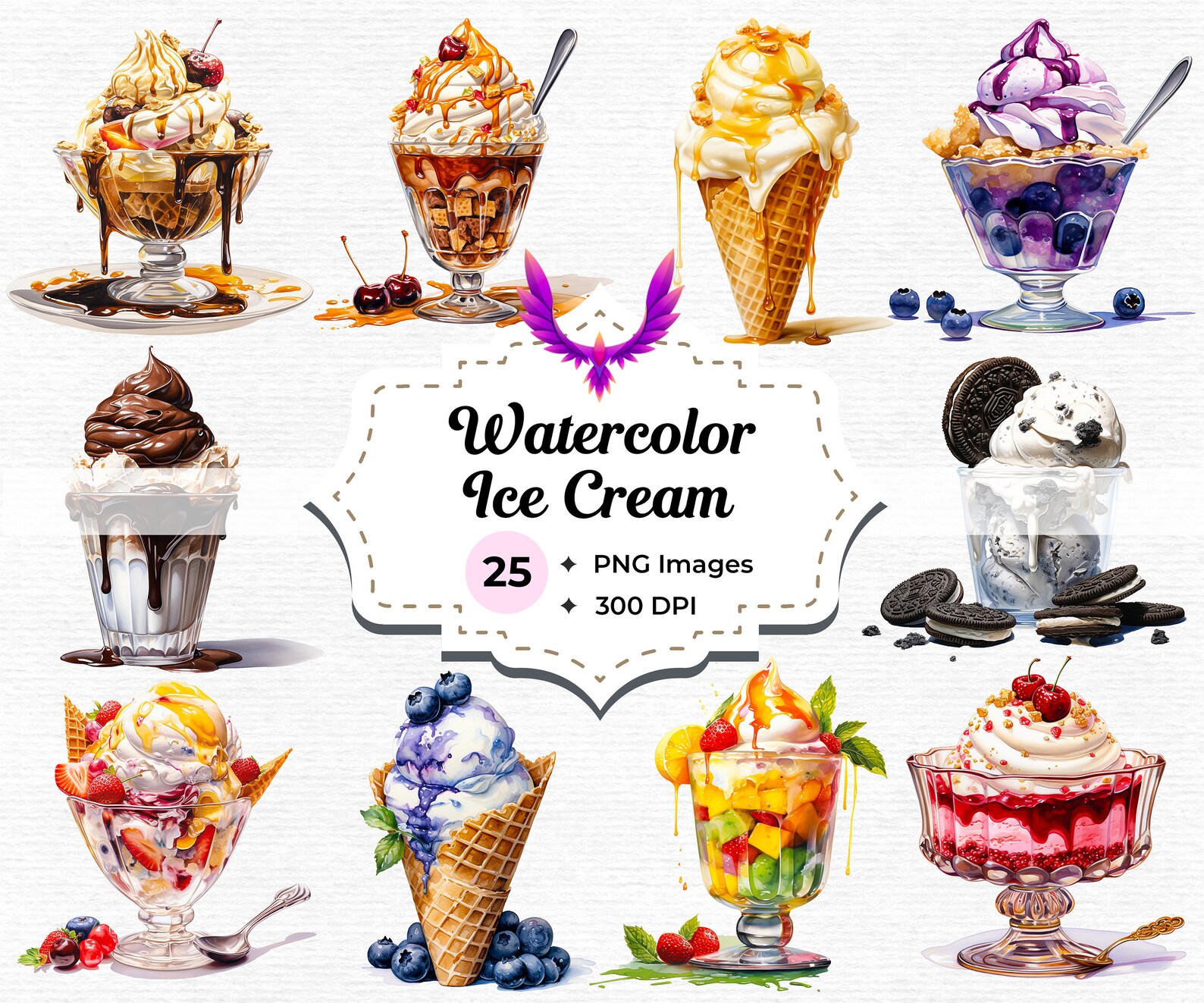 25 Ice Cream Watercolor Clipart PNG Images of Flavored Tasty Desserts ...