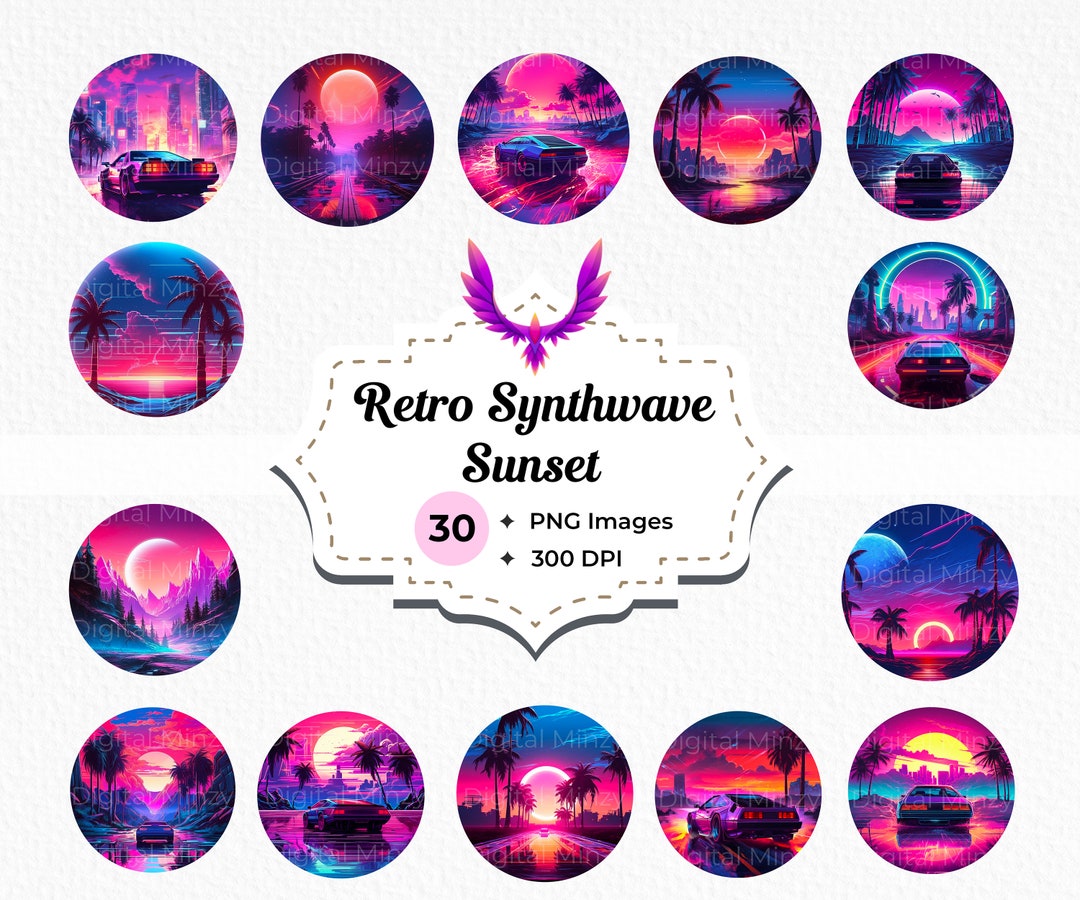 30 Retro Synthwave Sunset Clipart, Watercolor Tropical Sunsets Clipart ...