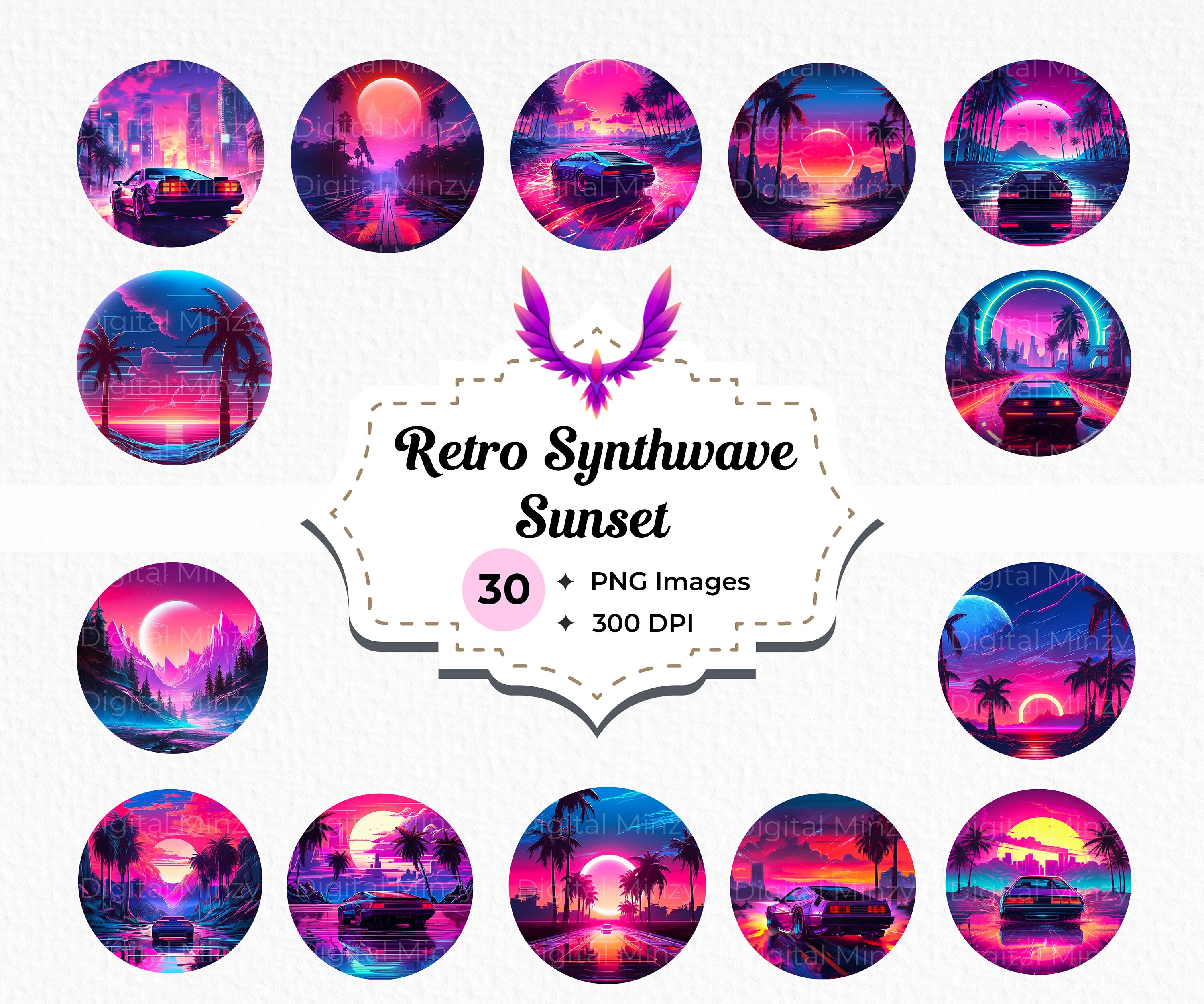 30 Retro Synthwave Sunset Clipart, Watercolor Tropical Sunsets Clipart ...