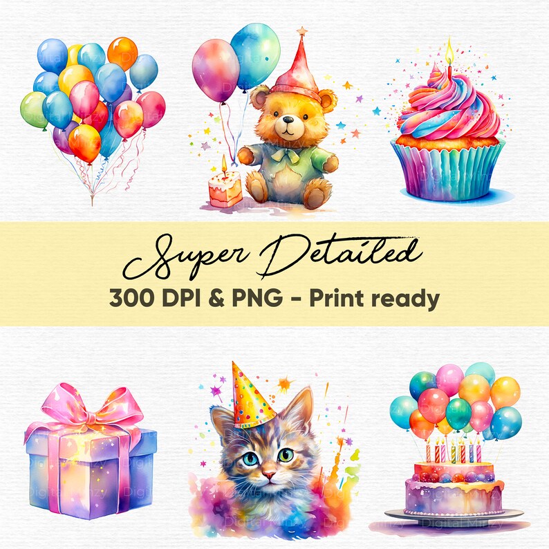 25 Watercolor Birthday Party Clipart, Cake, Balloons, Bundle of 25 ...
