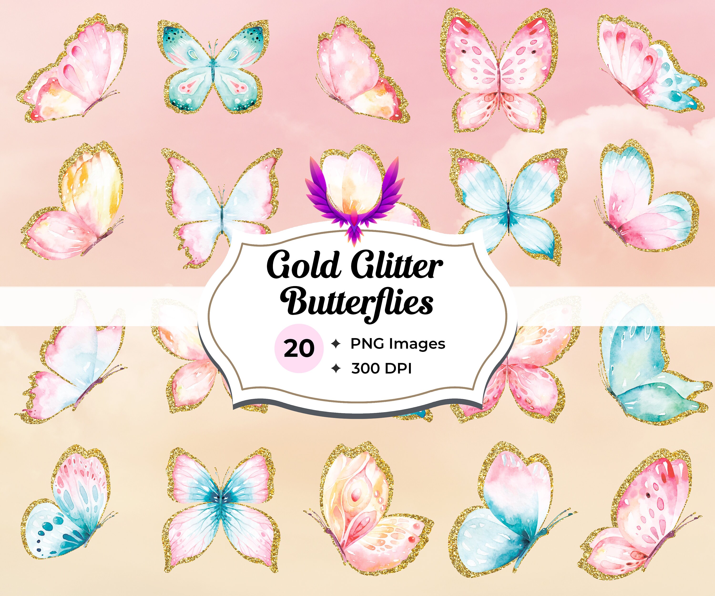 20 Gold Glitter Butterflies Clipart, Watercolor Butterfly Clipart ...