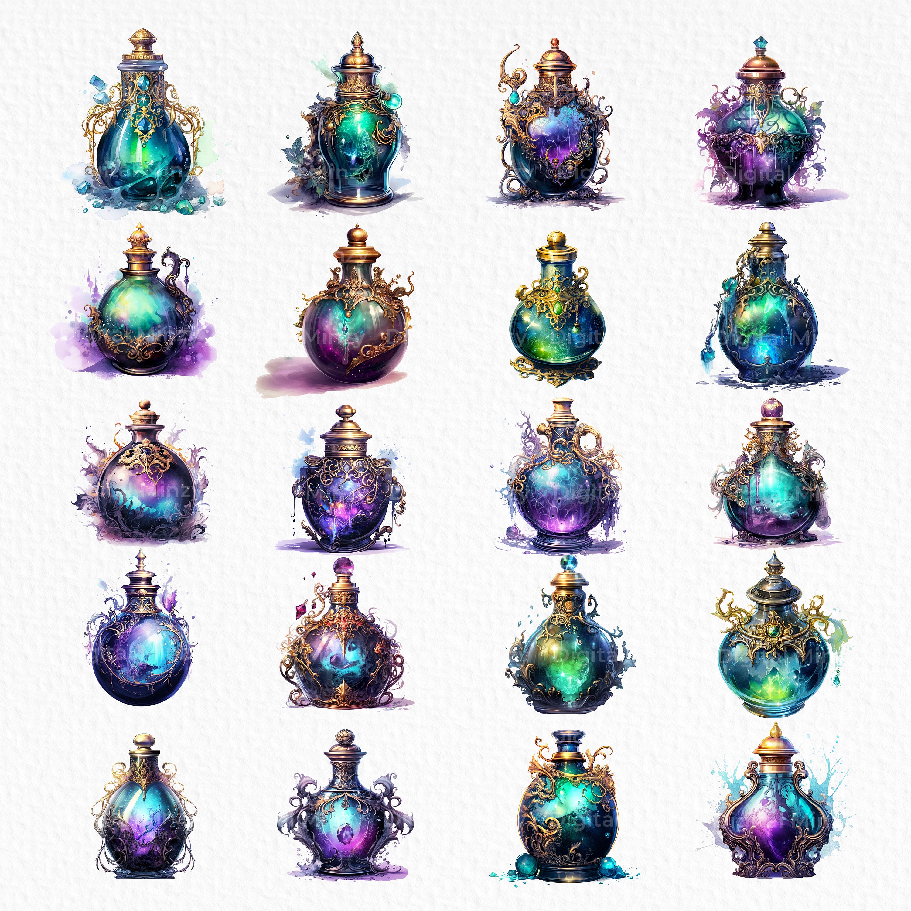 25 Witches Potion Bottles Clipart, Watercolor Magic Potion, Fantasy ...