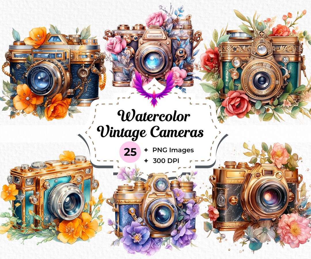25 Watercolor Vintage Cameras, Watercolor Camera PNG, Vintage Camera ...