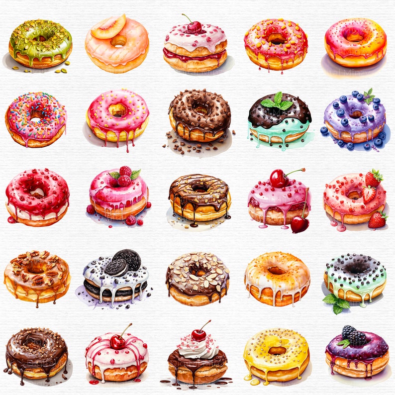 25 Watercolor Donuts Clipart, Donut PNG, Baking Clipart, Dessert ...