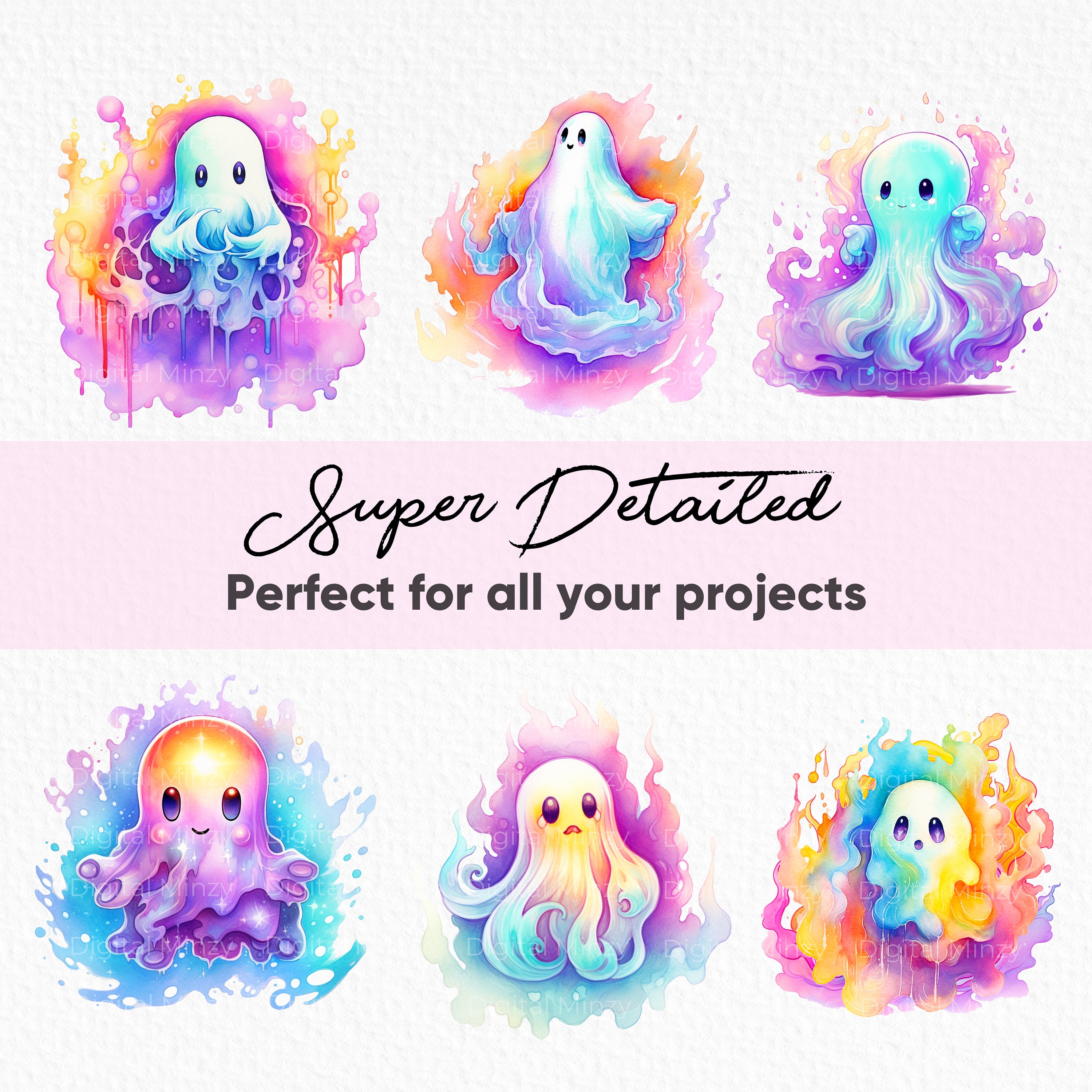 20 Super Cute Ghosts Clipart, Rainbow Ghosts, Watercolor Ghost, Kawaii ...
