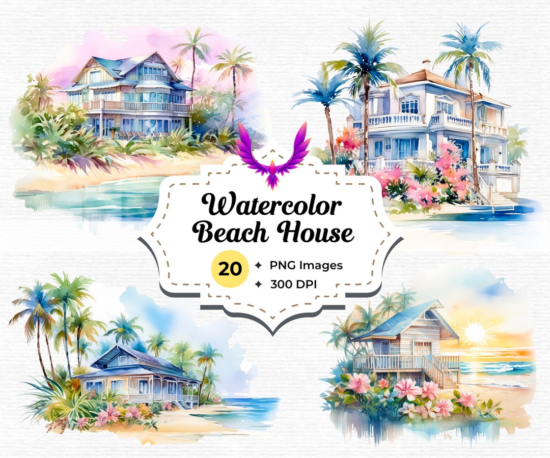 25 Watercolor Beach House Clipart, Ocean Seascape Cottage, Watercolor ...