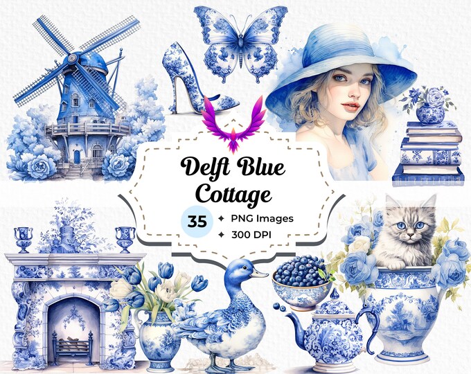 35 Delft Blue Cottage Clipart, Watercolor Farmhouse Clip Art Bundle ...
