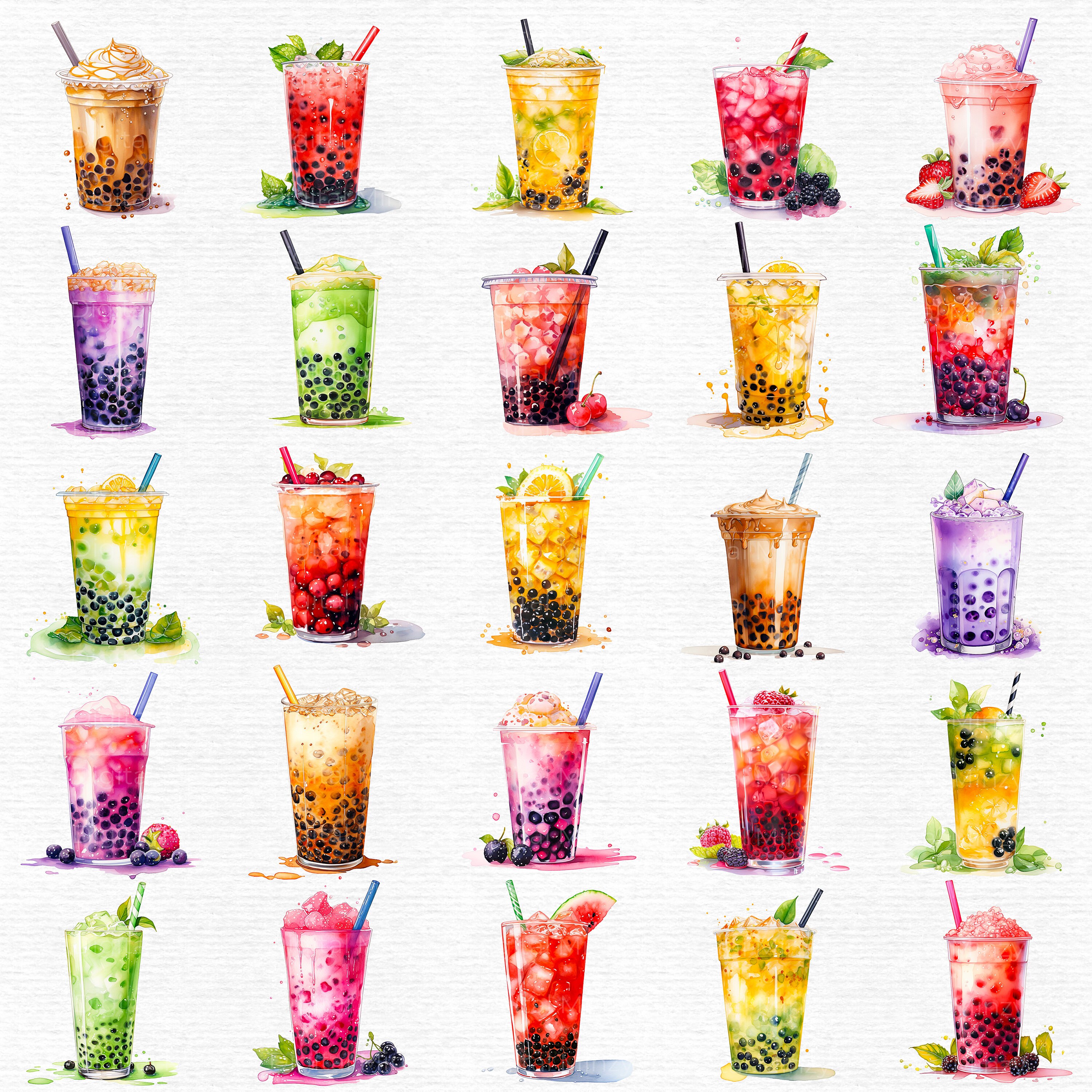 25 Watercolor Bubble Tea Clipart, Kawaii Boba Tea, Milk Tea, Scrapbook ...