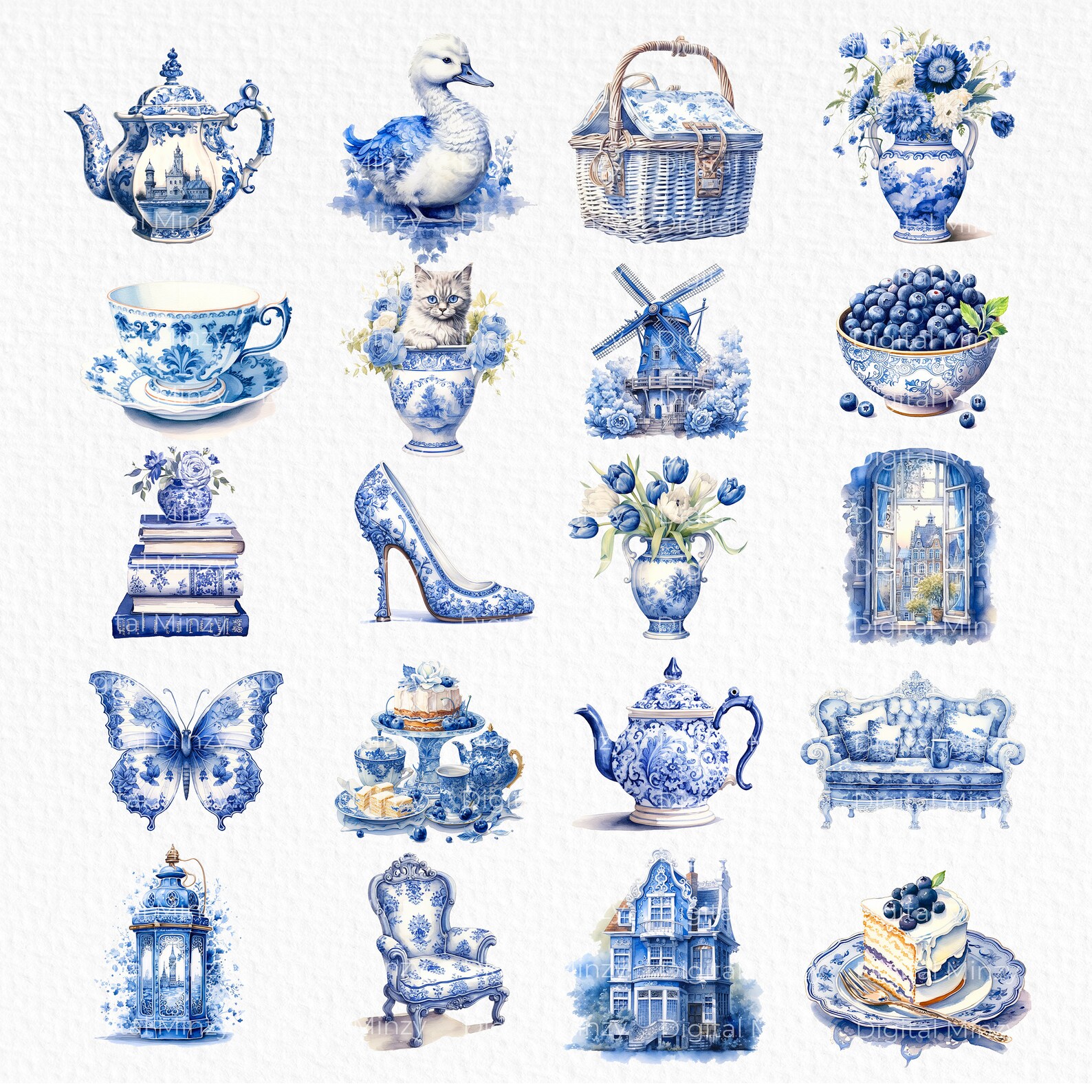 35 Delft Blue Cottage Clipart, Watercolor Farmhouse Clip Art Bundle ...