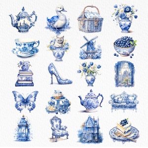 35 Delft Blue Cottage Clipart, Watercolor Farmhouse Clip Art Bundle ...