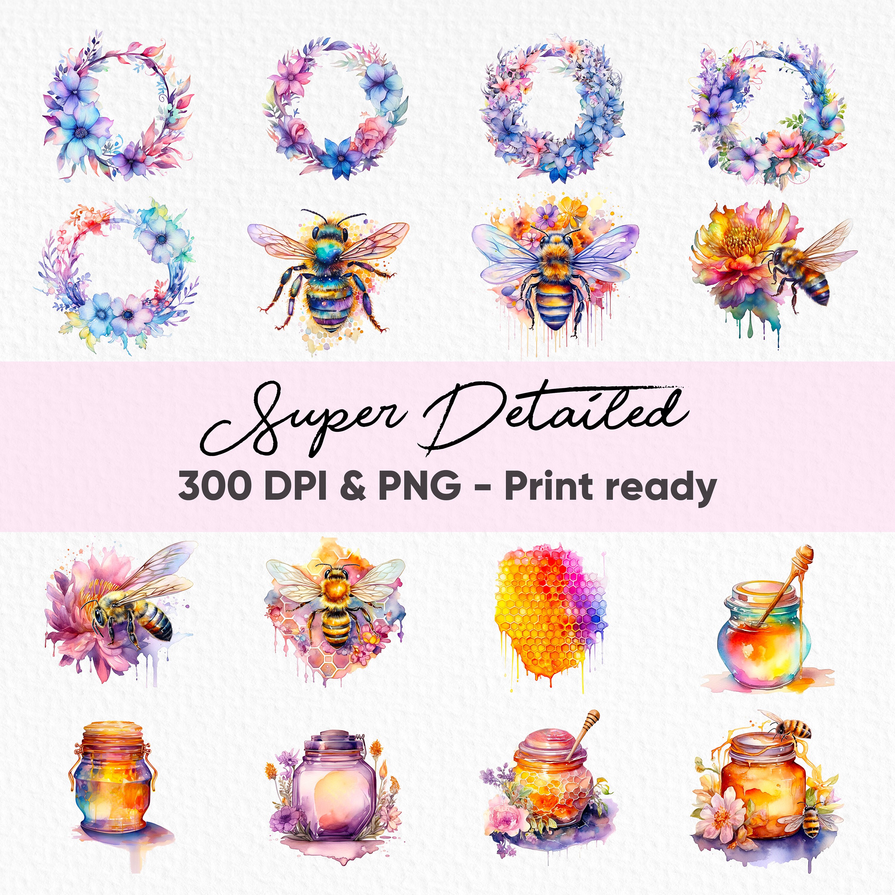 36 Watercolor Honey Bee Clipart, Spring Garden Bee and Honey Drips Clip ...
