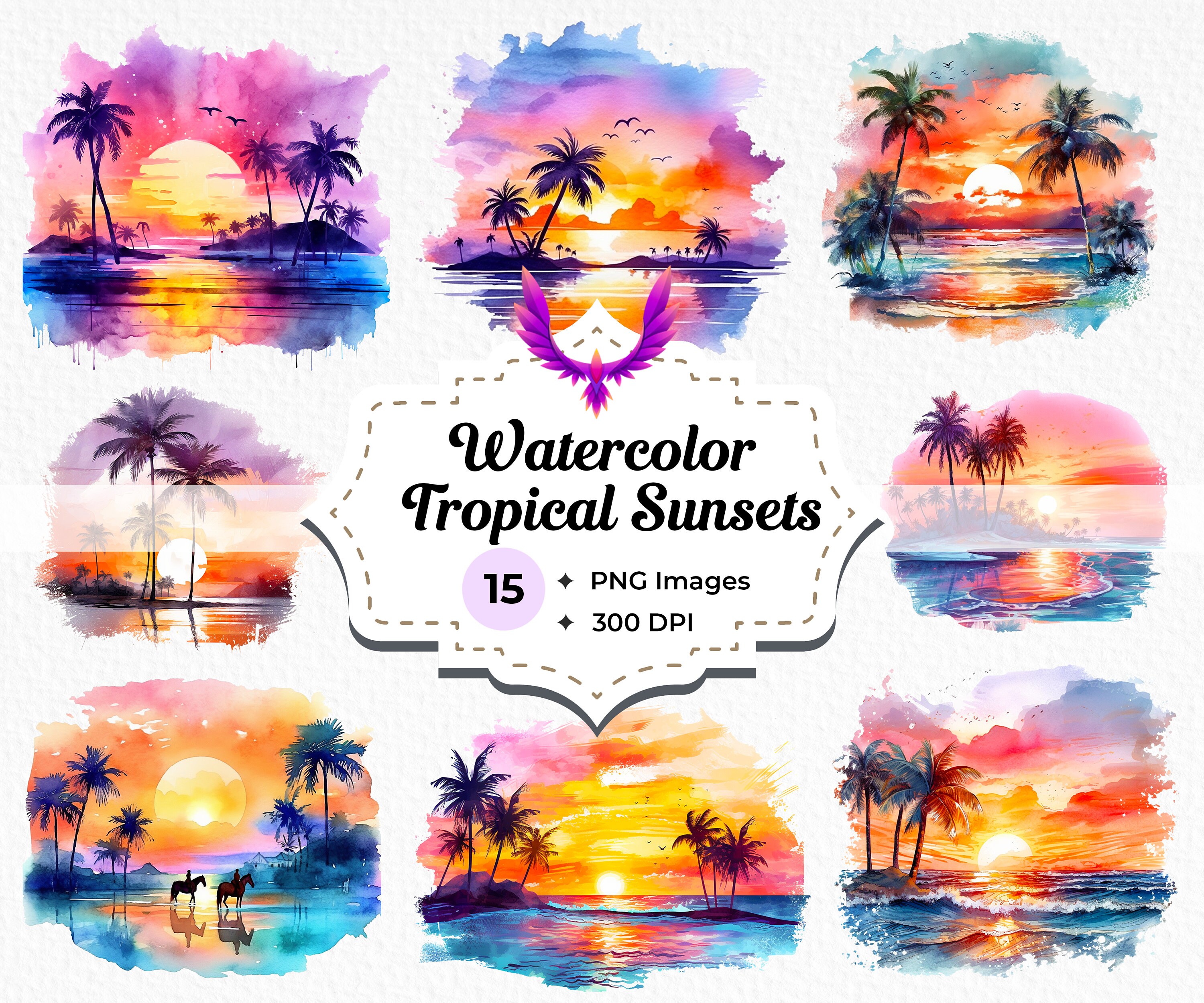 15 Watercolor Tropical Sunsets Clipart, Watercolor Beach Travel Ocean ...