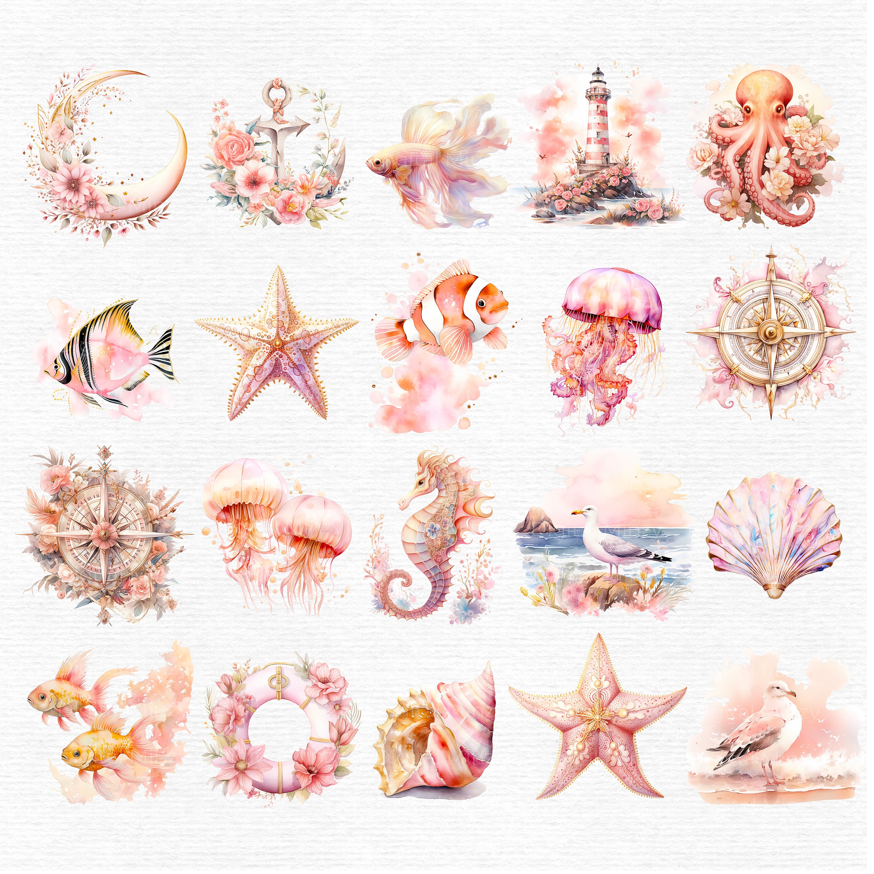 Watercolor Boho Nautical Clipart Ocean Beach Wedding PNG Format Instant ...