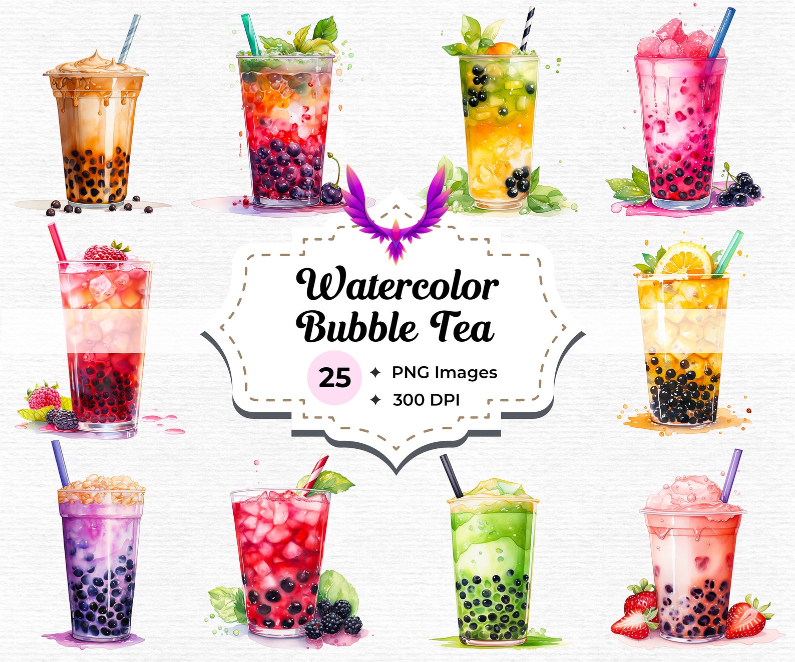25 Watercolor Bubble Tea Clipart, Kawaii Boba Tea, Milk Tea, Scrapbook ...