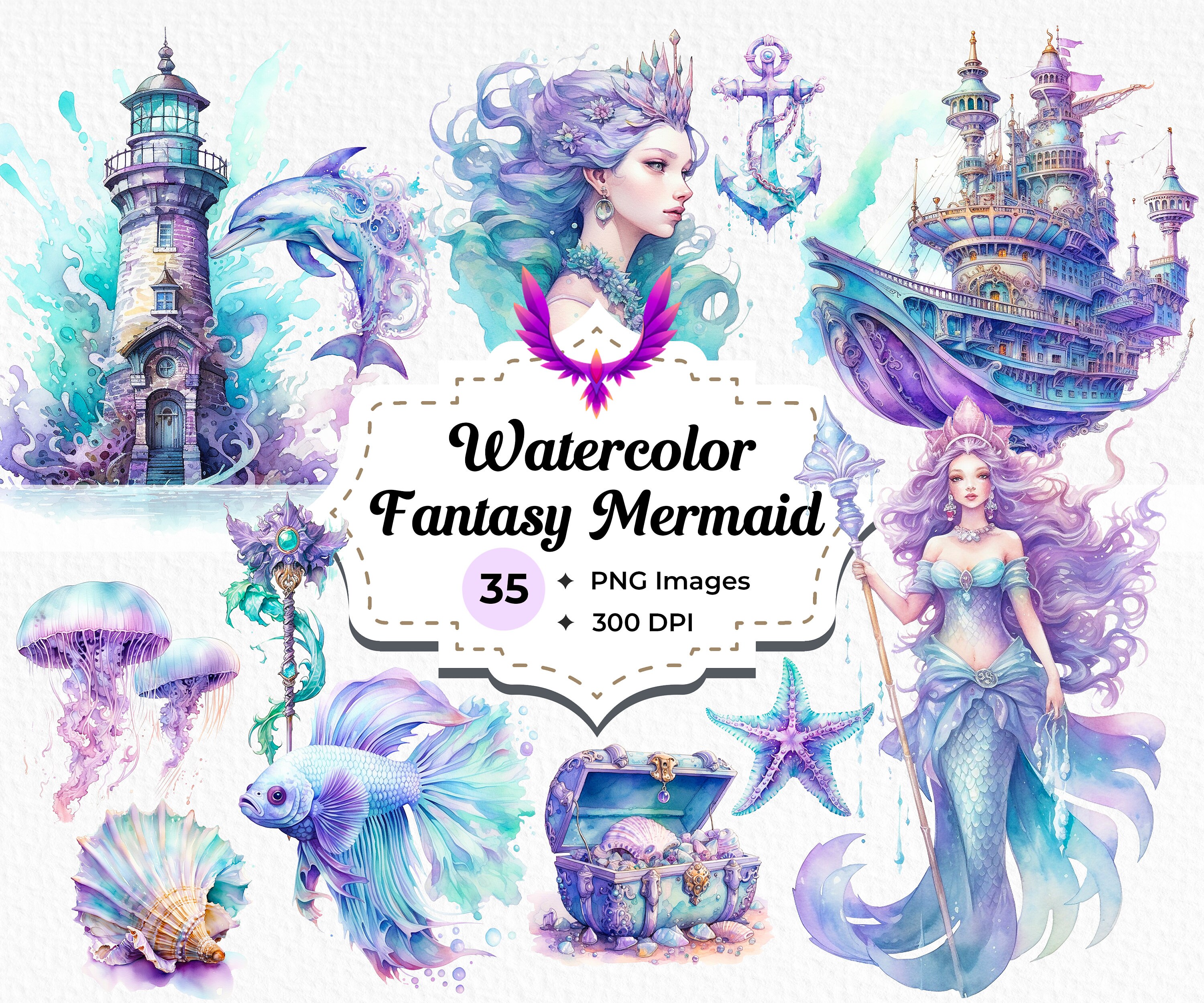 35 Watercolor Fantasy Mermaid Clipart Pack Nautical Fantasy - Etsy
