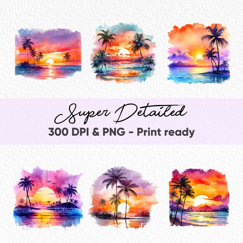 15 Watercolor Tropical Sunsets Clipart, Watercolor Beach Travel Ocean ...