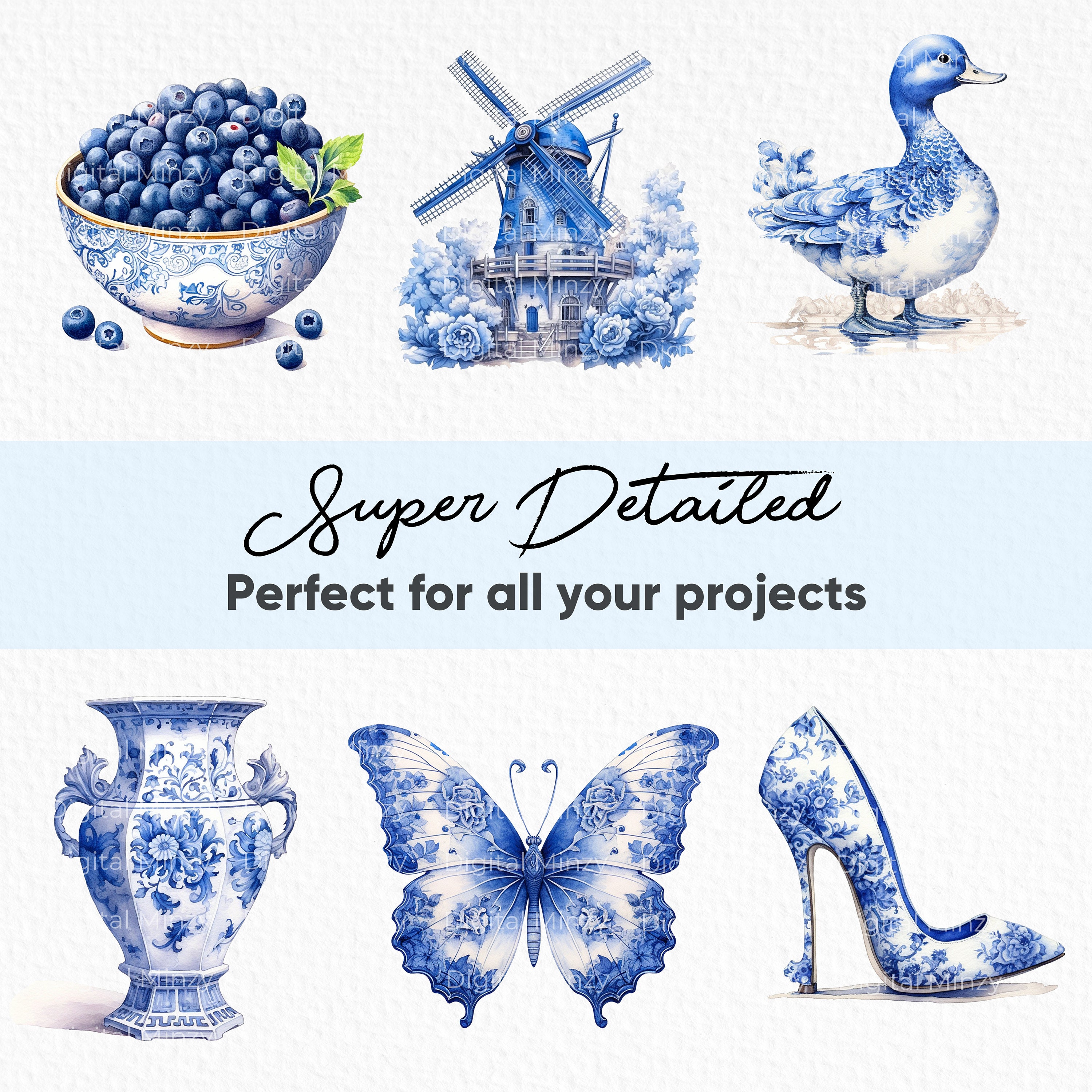 35 Delft Blue Cottage Clipart, Watercolor Farmhouse Clip Art Bundle ...