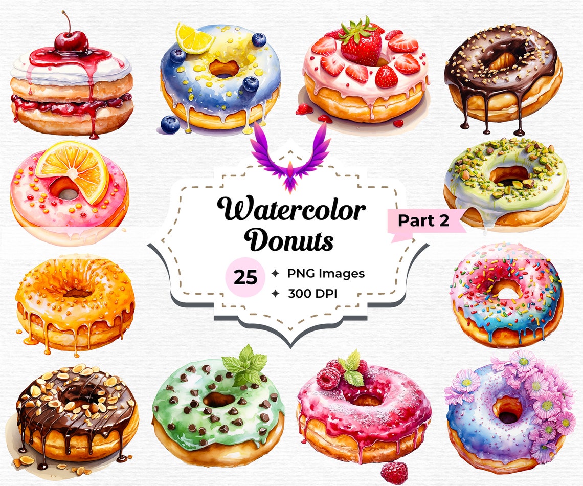 25 Watercolor Donuts Clipart, Donut PNG, Baking Clipart, Dessert ...
