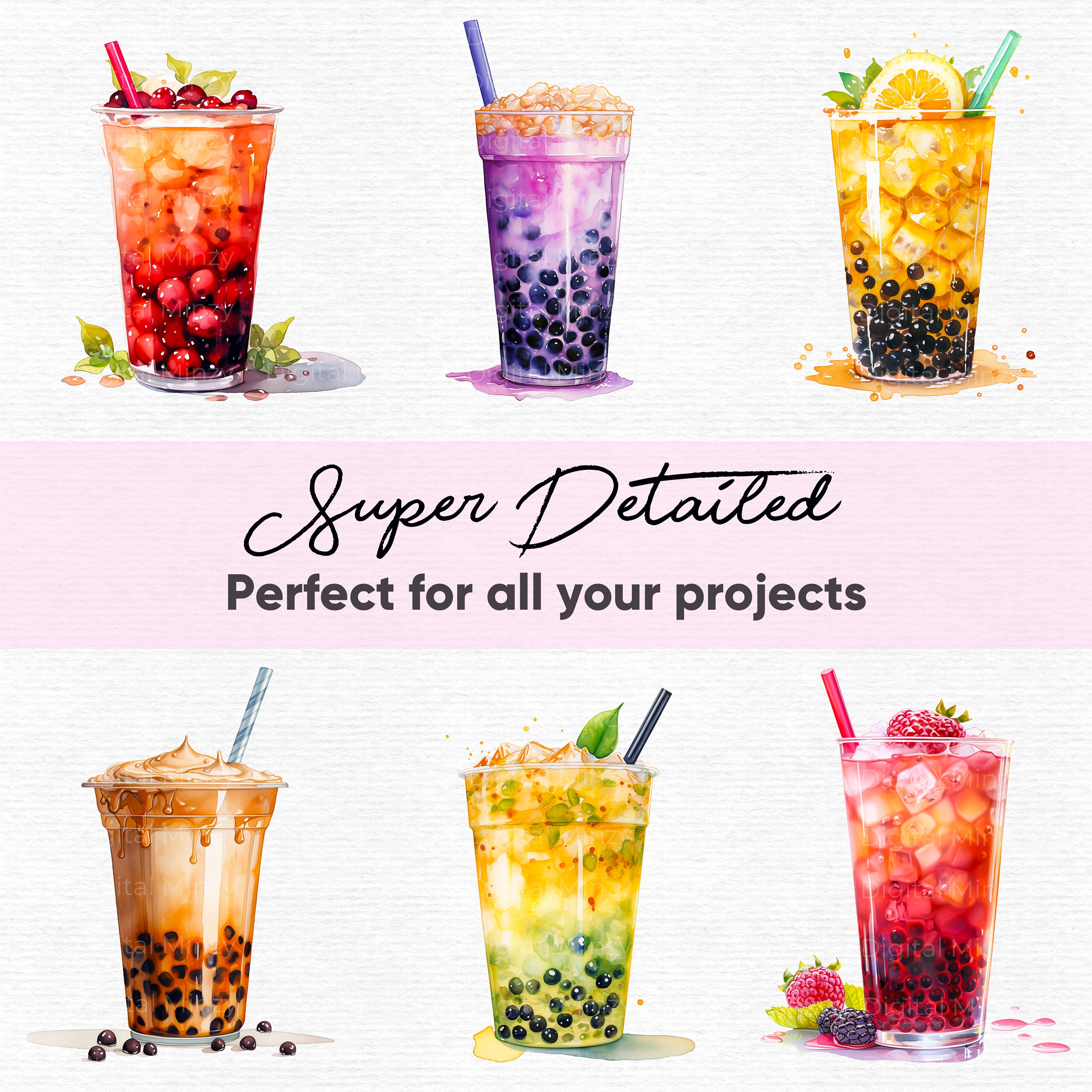 25 Watercolor Bubble Tea Clipart, Kawaii Boba Tea, Milk Tea, Scrapbook ...