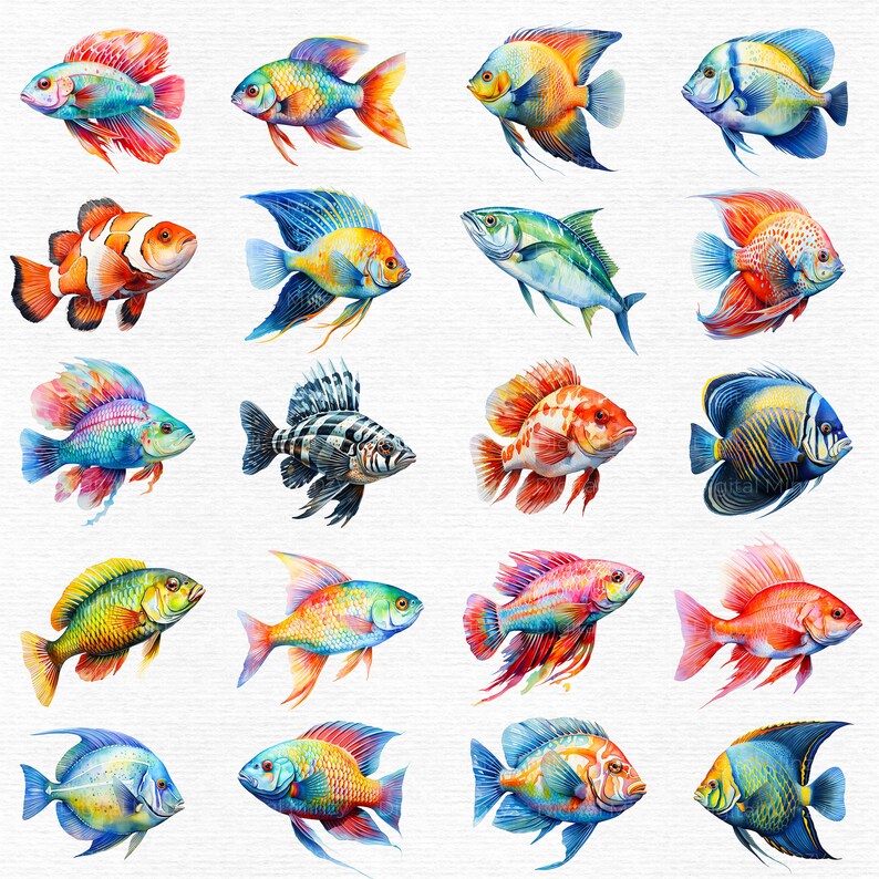 25 Watercolor Tropical Fish Clipart, Watercolor Fish Under the Sea Clip ...