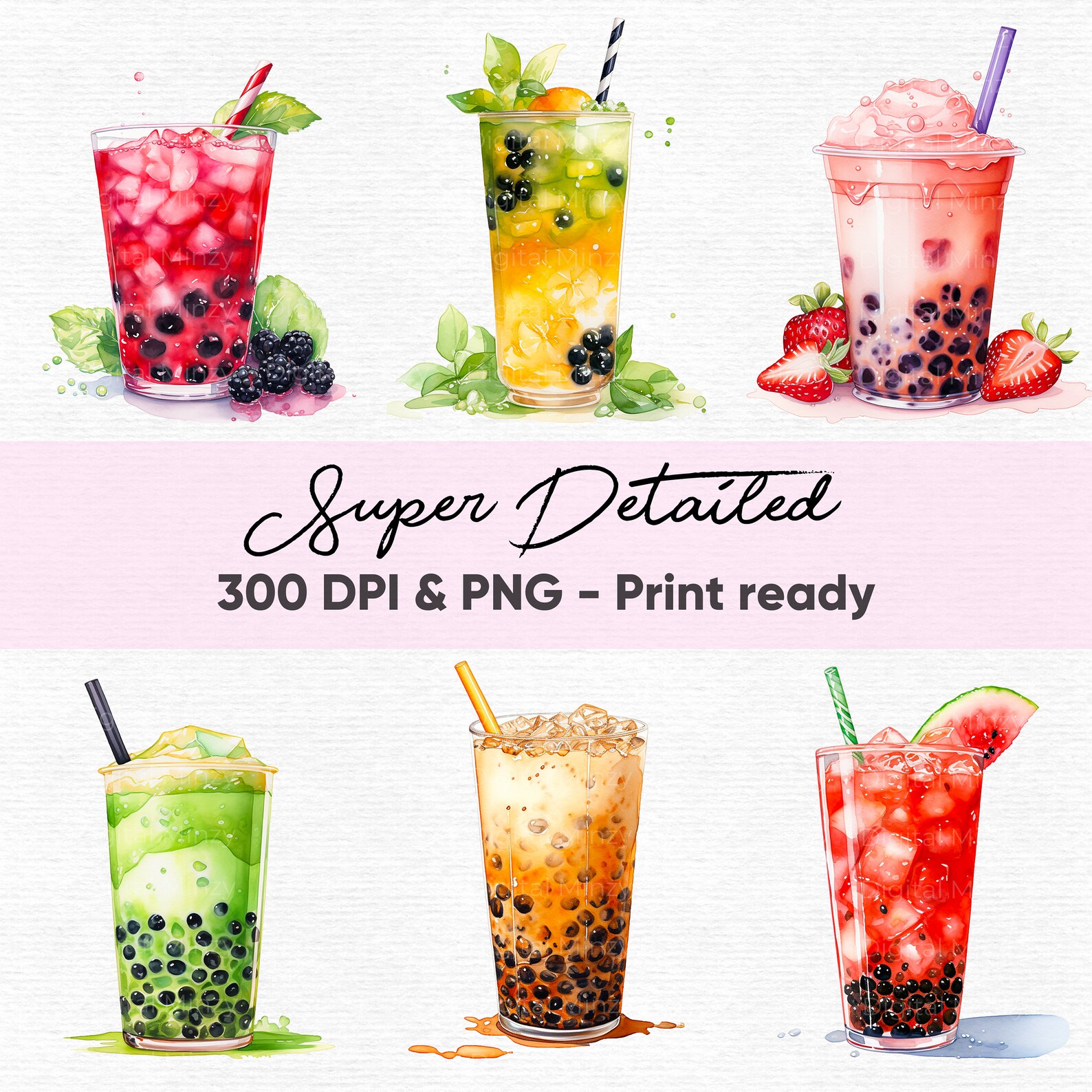 25 Watercolor Bubble Tea Clipart, Kawaii Boba Tea, Milk Tea, Scrapbook ...