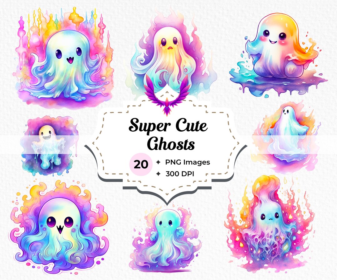 20 Super Cute Ghosts Clipart, Rainbow Ghosts, Watercolor Ghost, Kawaii ...