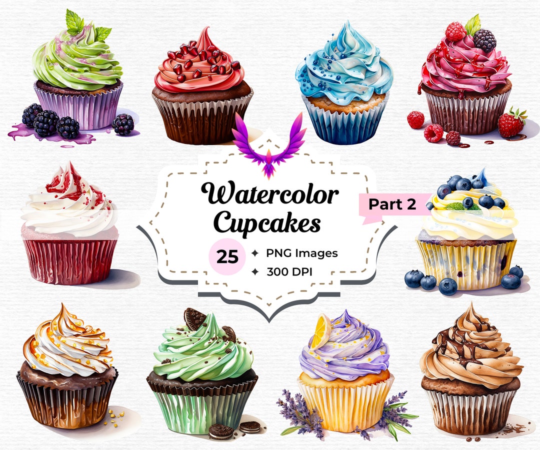 25 Watercolor Cupcakes Clipart, Baking Clipart, Dessert Clipart, Food ...