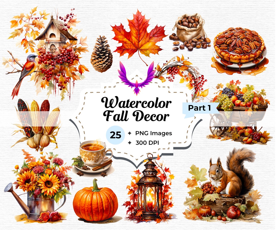 25 Watercolor Fall Decor Clipart, Cozy Autumn, Pumpkins, Farmhouse ...