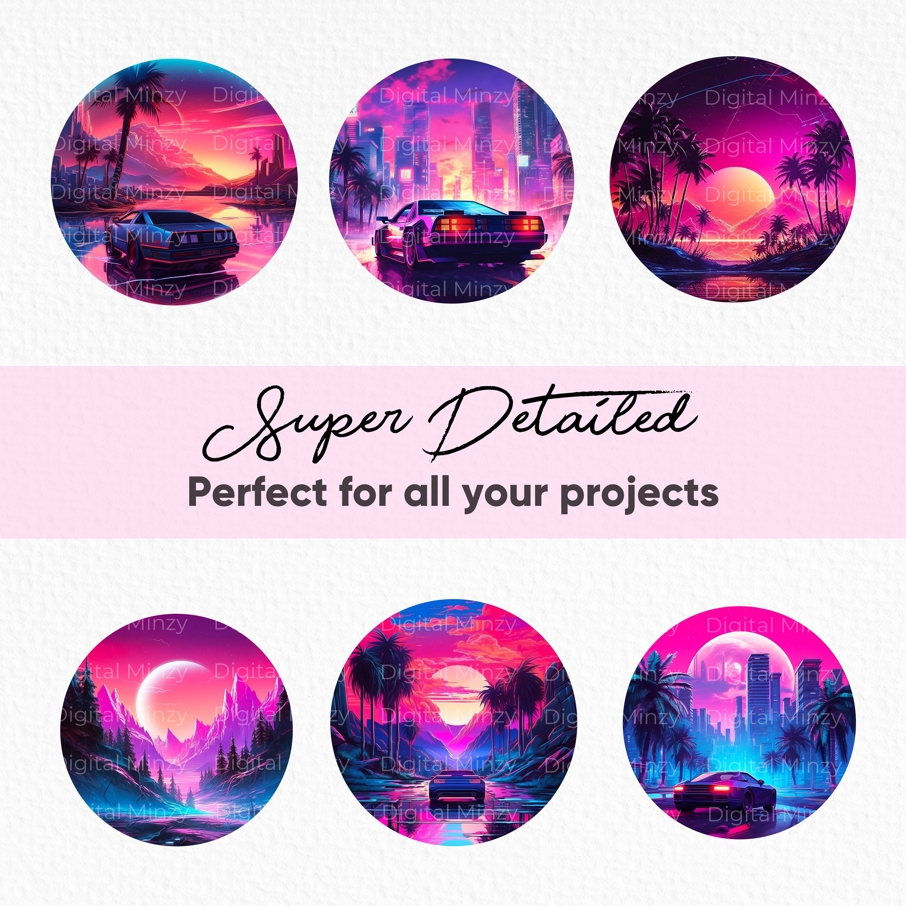30 Retro Synthwave Sunset Clipart, Watercolor Tropical Sunsets Clipart ...