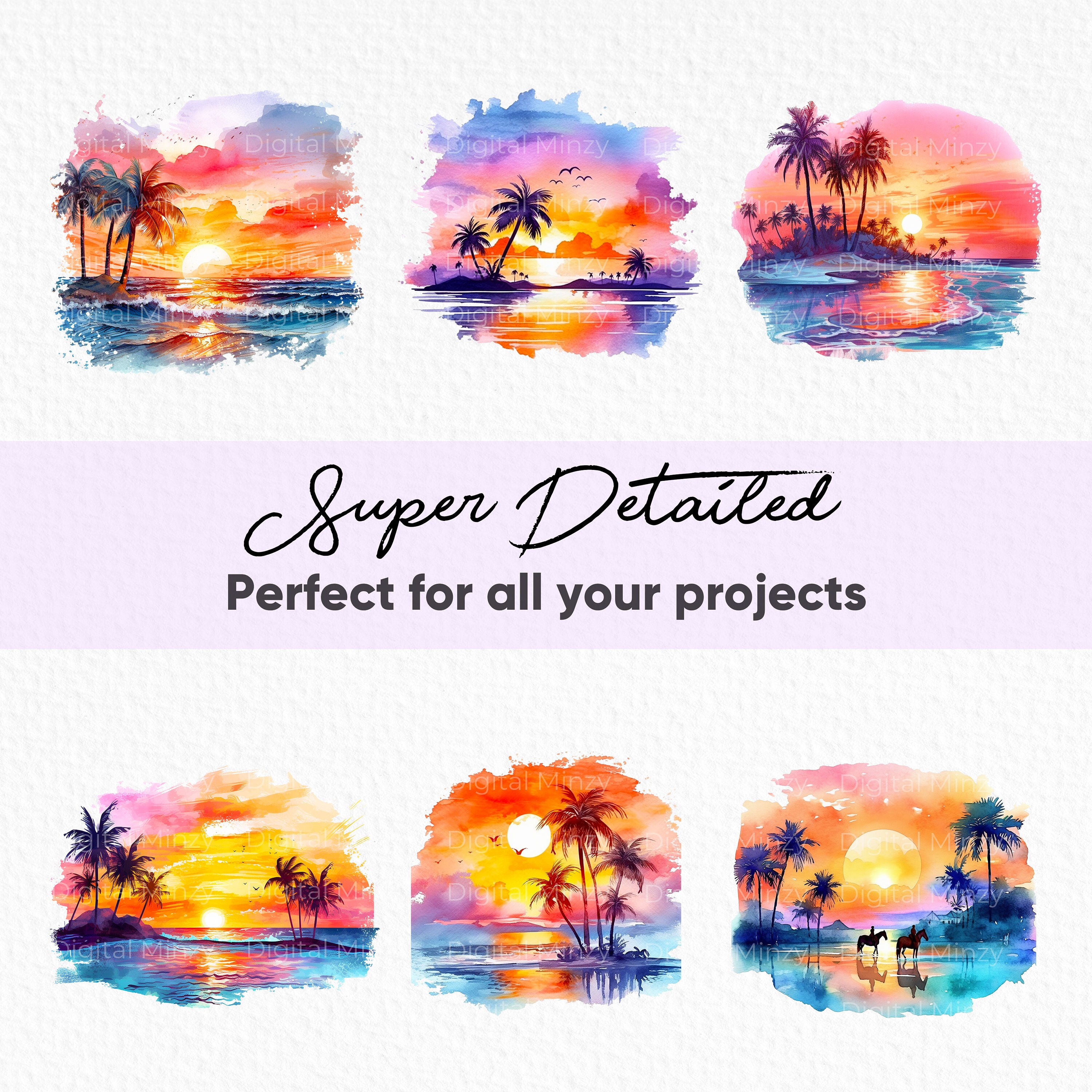 15 Watercolor Tropical Sunsets Clipart, Watercolor Beach Travel Ocean ...