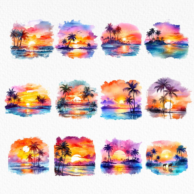 15 Watercolor Tropical Sunsets Clipart, Watercolor Beach Travel Ocean ...