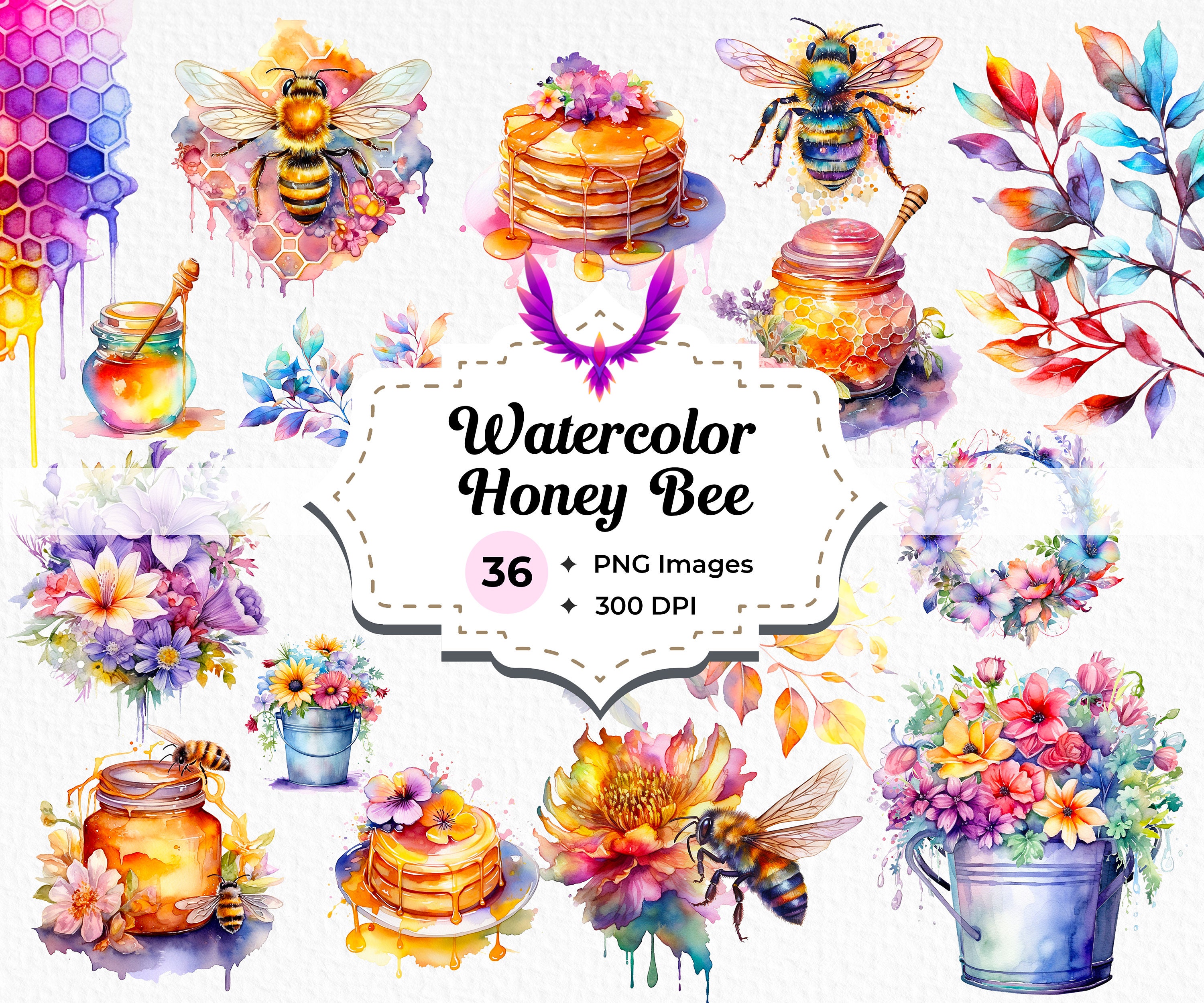 36 Watercolor Honey Bee Clipart, Spring Garden Bee and Honey Drips Clip ...