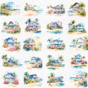 25 Watercolor Beach House Clipart, Ocean Seascape Cottage, Watercolor ...
