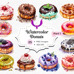 25 Watercolor Donuts Clipart, Donut PNG, Baking Clipart, Dessert ...