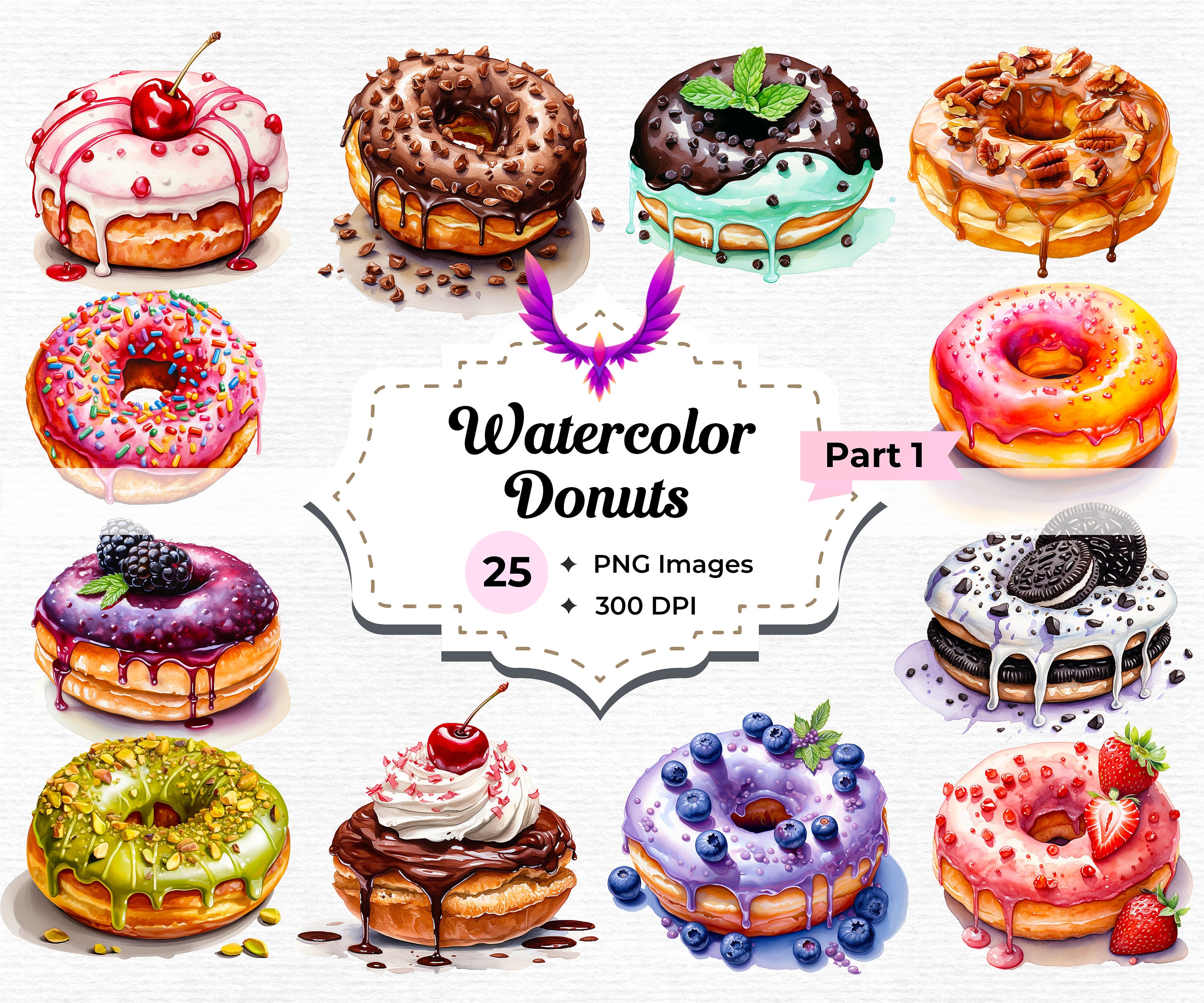 25 Watercolor Donuts Clipart, Donut PNG, Baking Clipart, Dessert ...